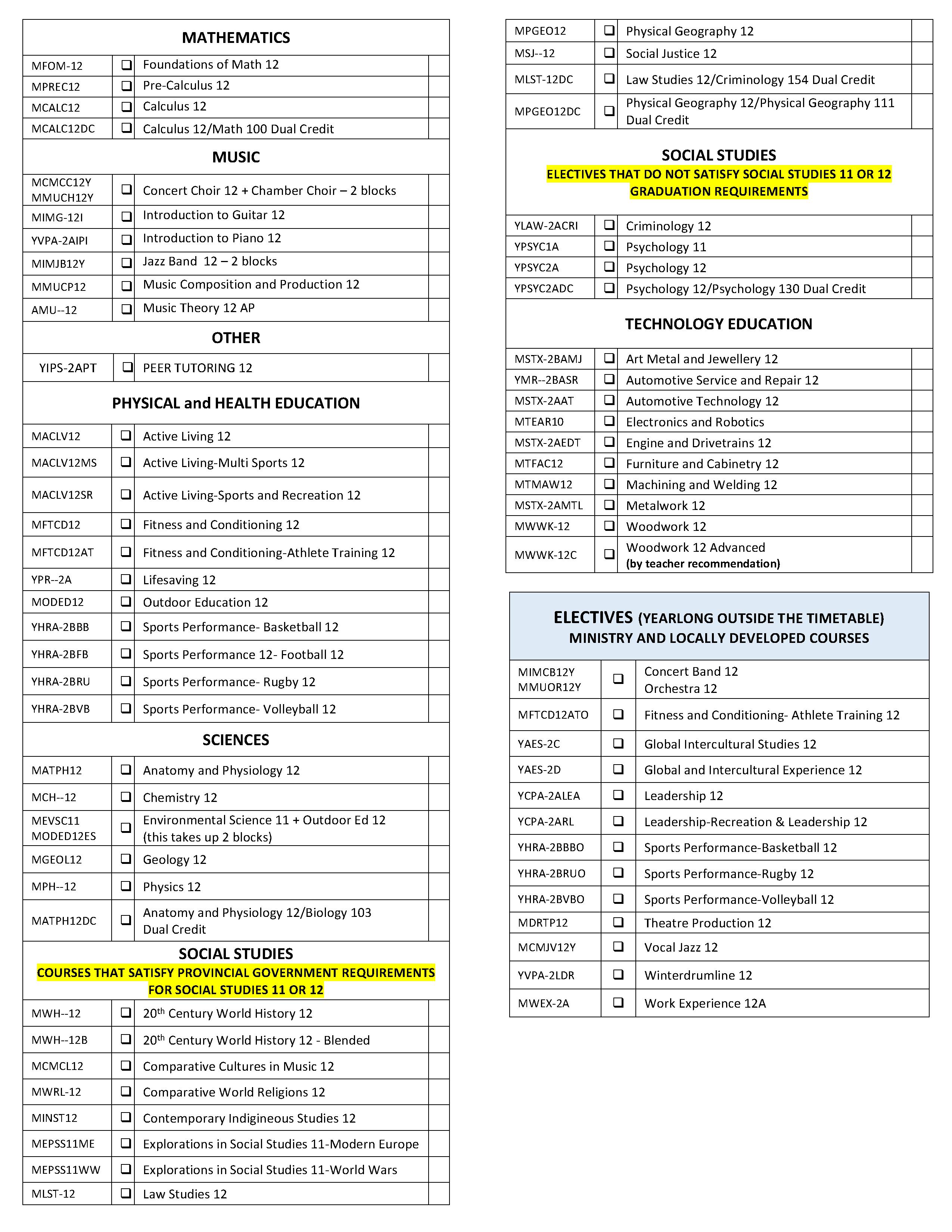 Grade 12 Course Selection Form_2 | Belmont Secondary School